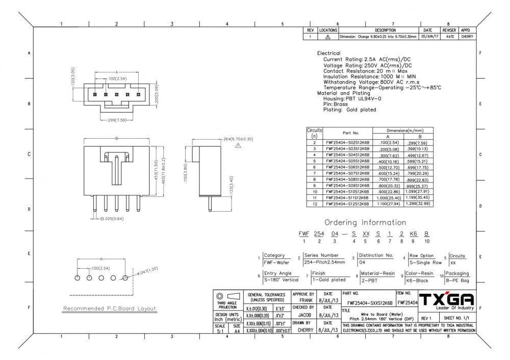 TXGA FWF25404-S07S12K6B technical drawing