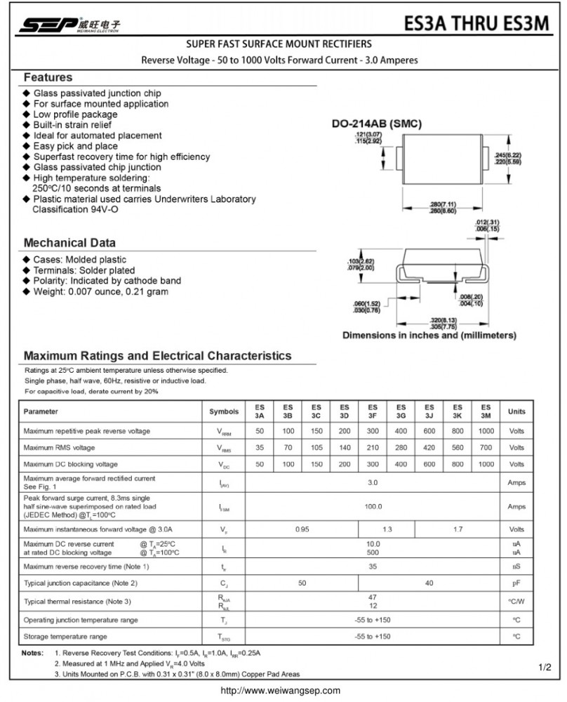 SEP ES3J(SMC) datasheet page 1