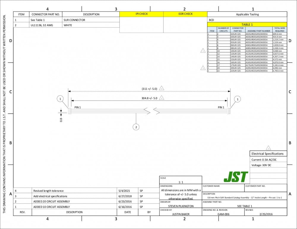 JST SUR cable assembly drawing preview