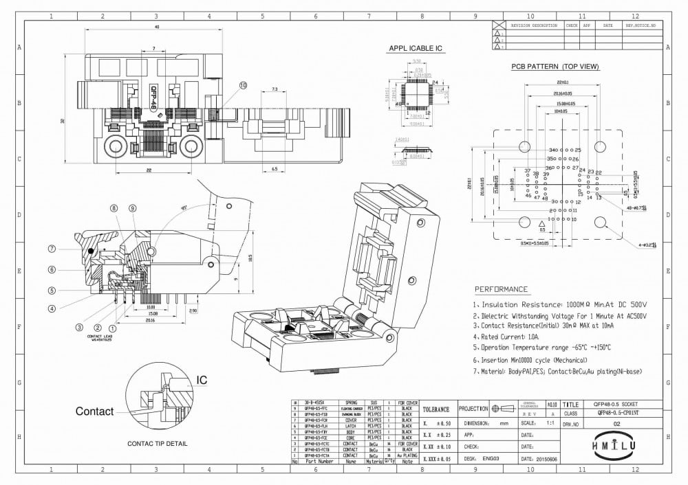HMILU QFP48-0.5 socket technical drawing