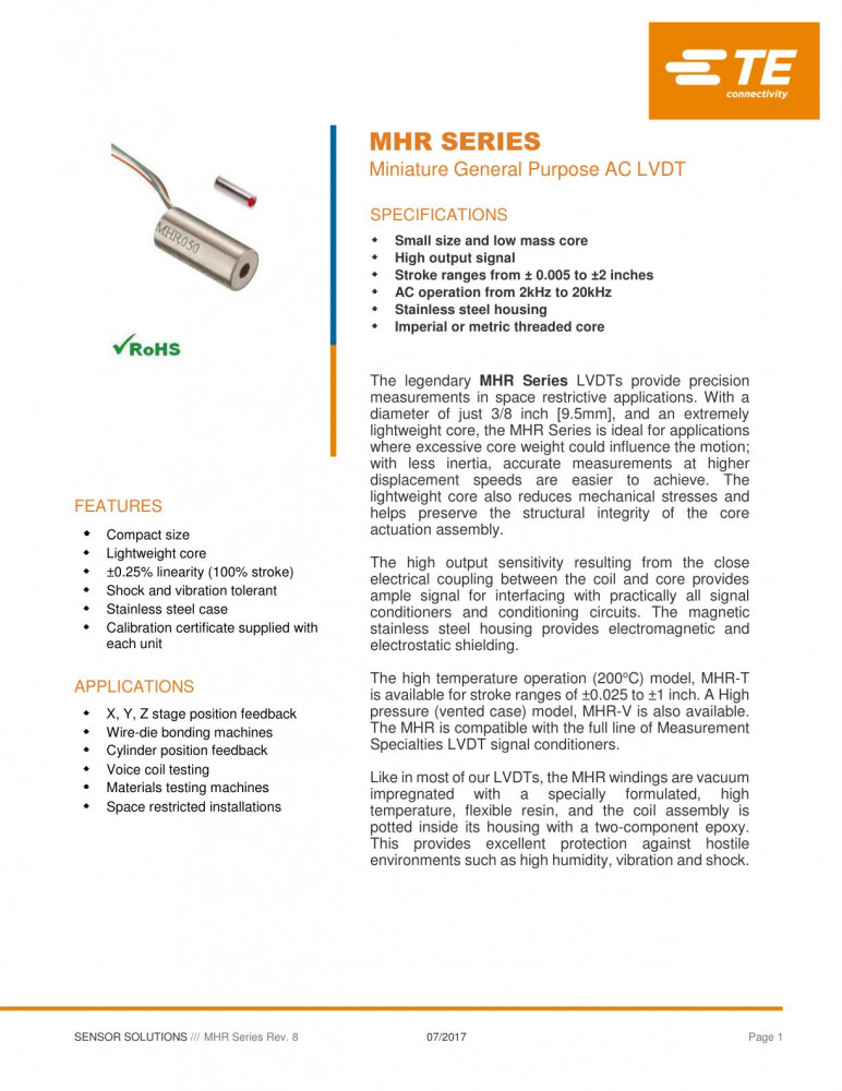 TE Connectivity MHR LVDT datasheet page 1