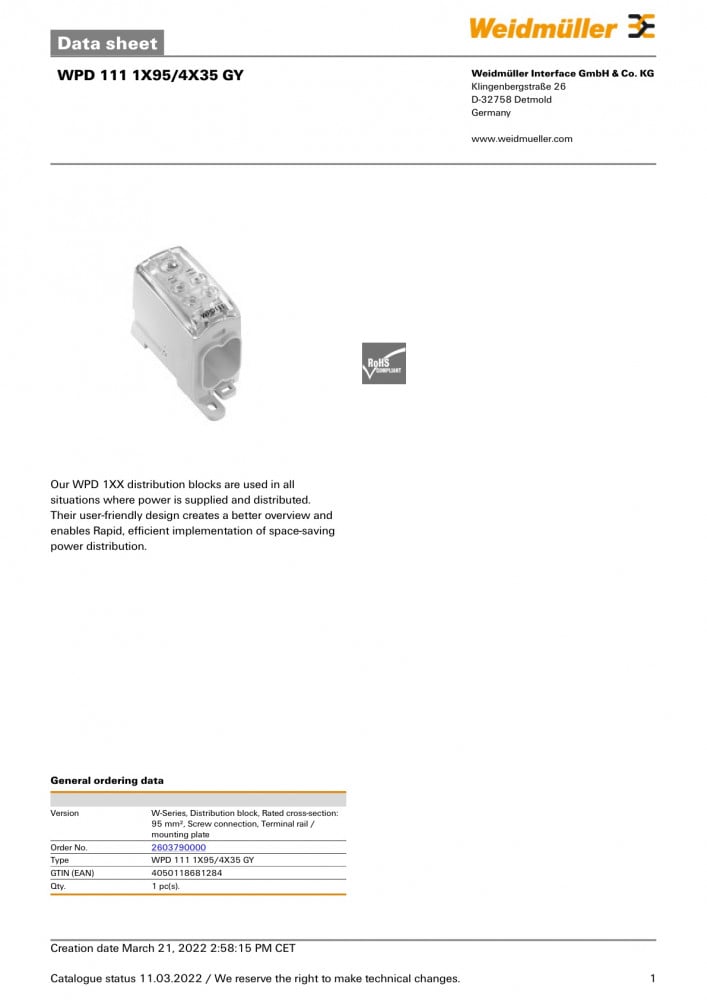 WEIDMULLER WPD 111 product documentation page 1