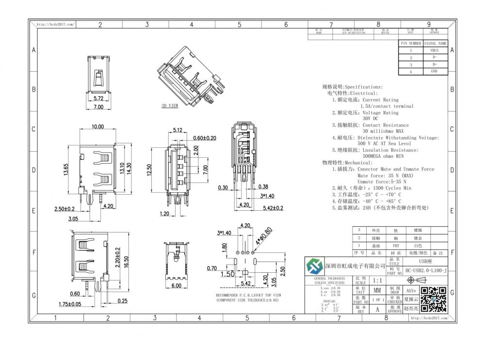 HC-USB2.0-L100-J technical drawing