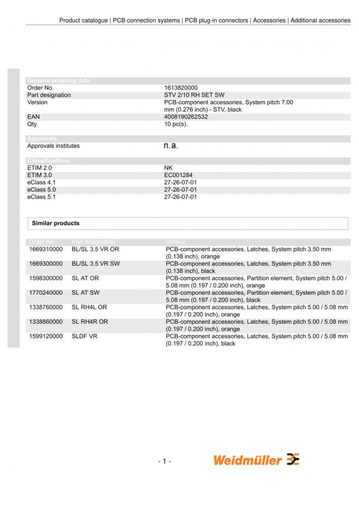 Technical document preview for WEIDMULLER 1613820000