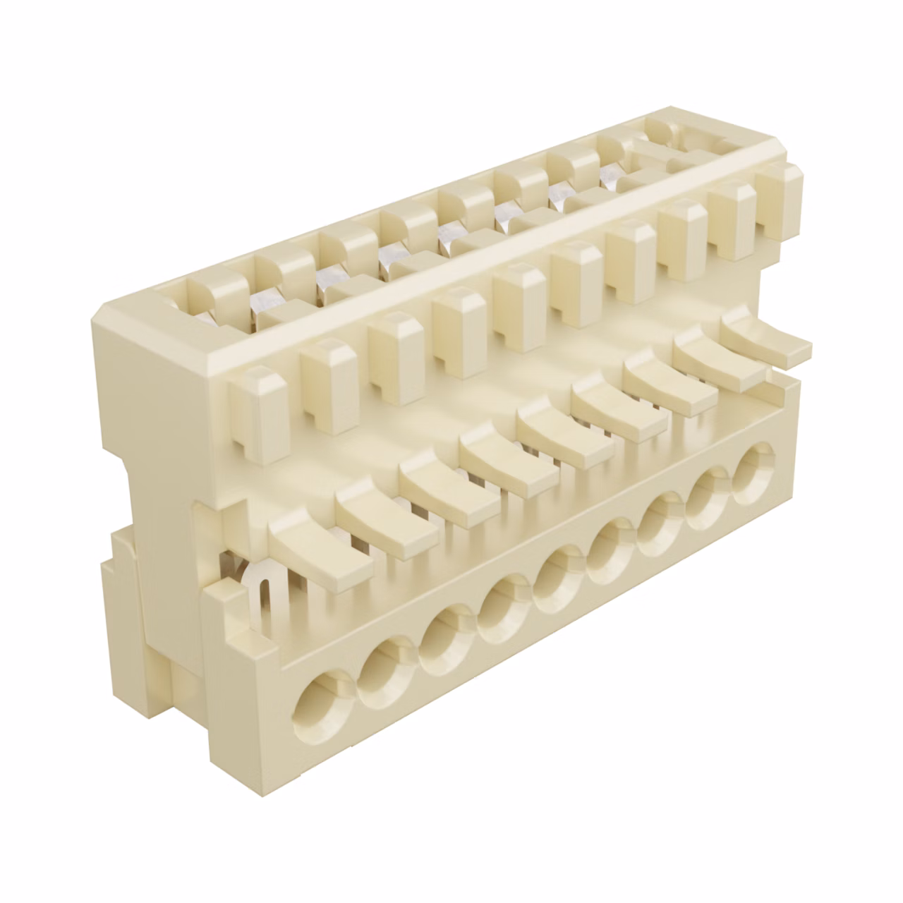 Appli-Mate RAST 2.5 Connector, 2.50mm Pitch, Female, 7 Circuits, Positions A and H Removed, Polarizing Rib Between 4/5, Locking Pips, Slotted Endwalls, Tin Plating