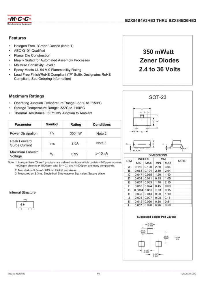 MCC BZX84B16HE3-TP datasheet page 1