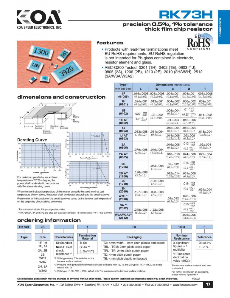 KOA RK73H technical document page 1