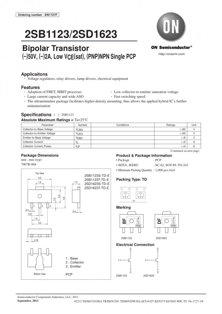2SD1623T-TD-E datasheet page 1