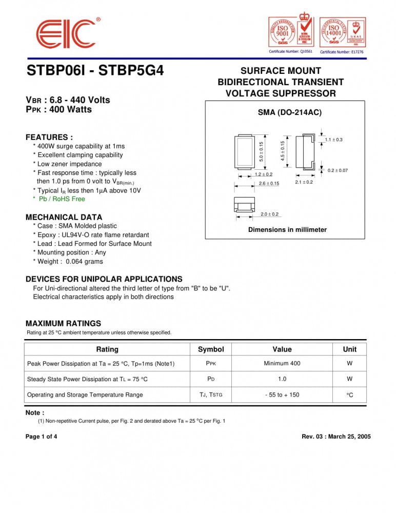 EIC STBP series datasheet page 1