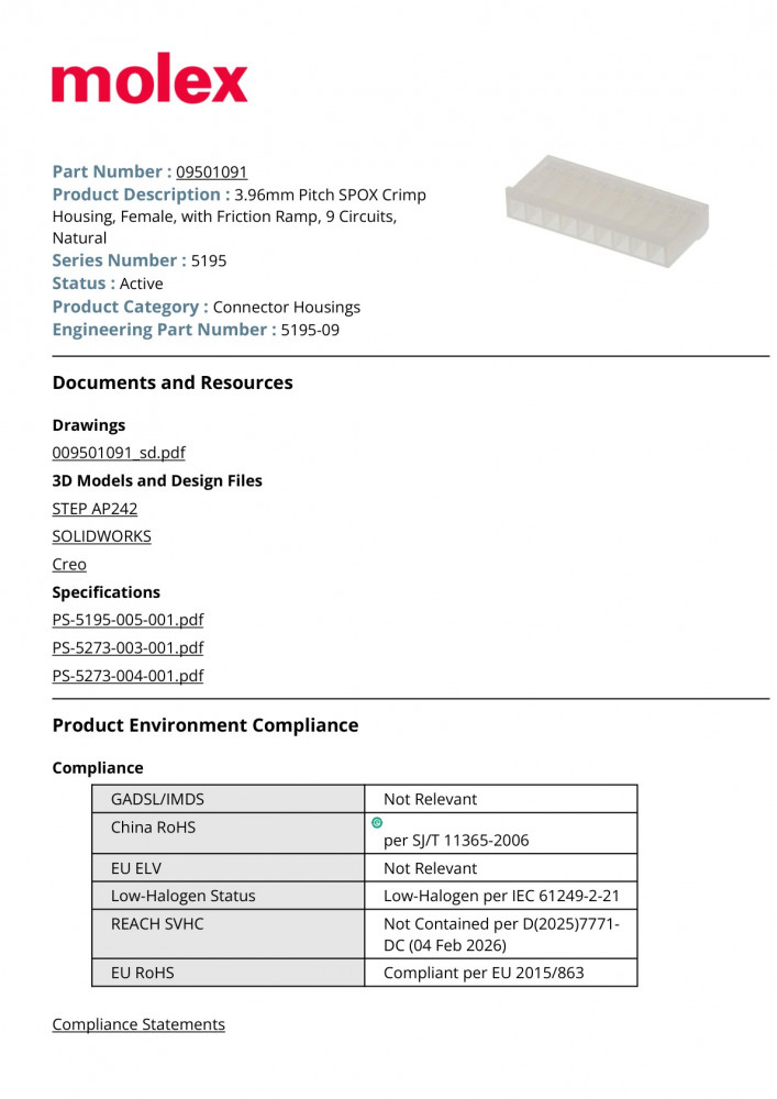Molex connector product specification, document page image 1