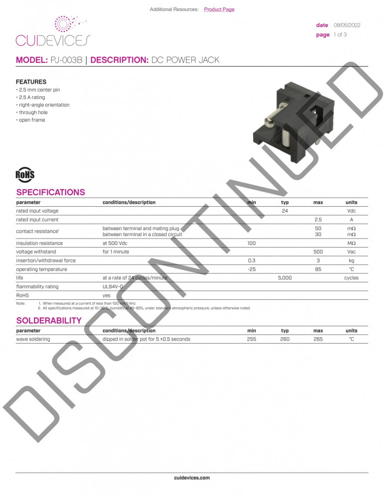 CUI PJ-003B datasheet page 1