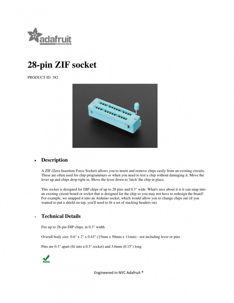 Adafruit Product ID 382 28-pin ZIF socket technical reference image