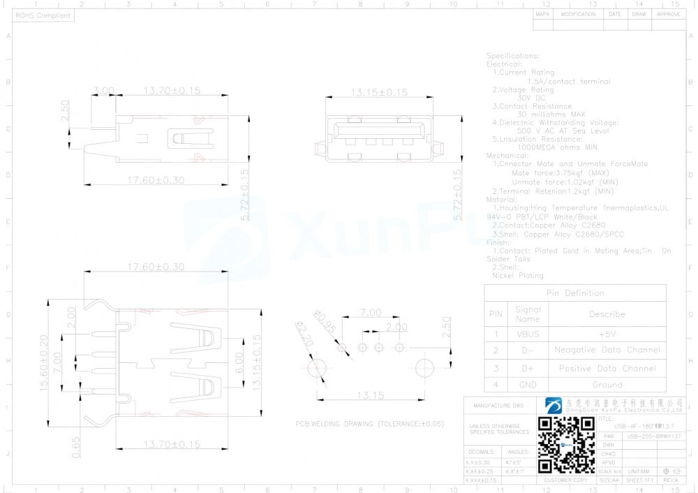 XUNPU USB-255-BRWH137 specification drawing