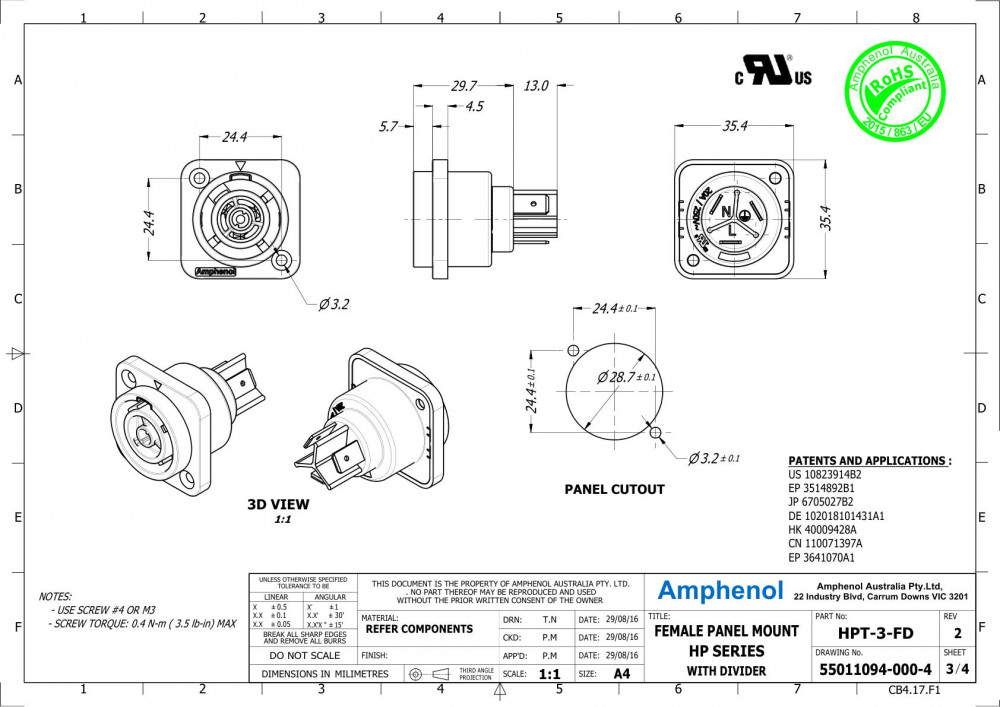 Amphenol HPT-3-FD technical drawing page