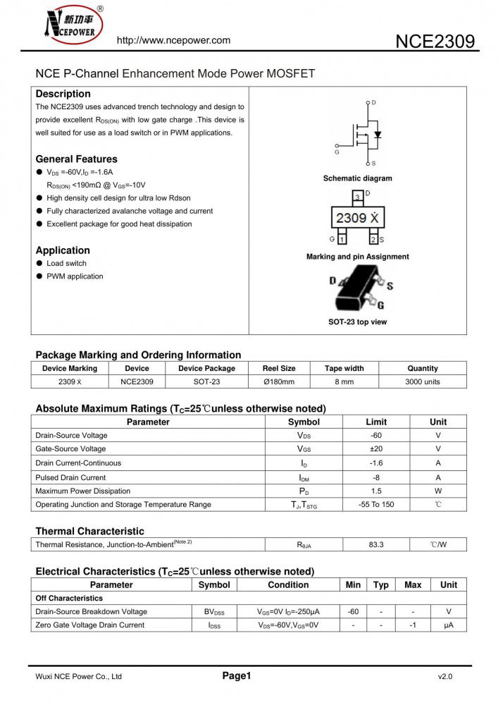 NCE2309 datasheet page 1