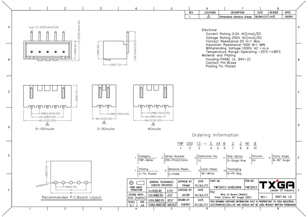 TXGA FWF25013 drawing page 1