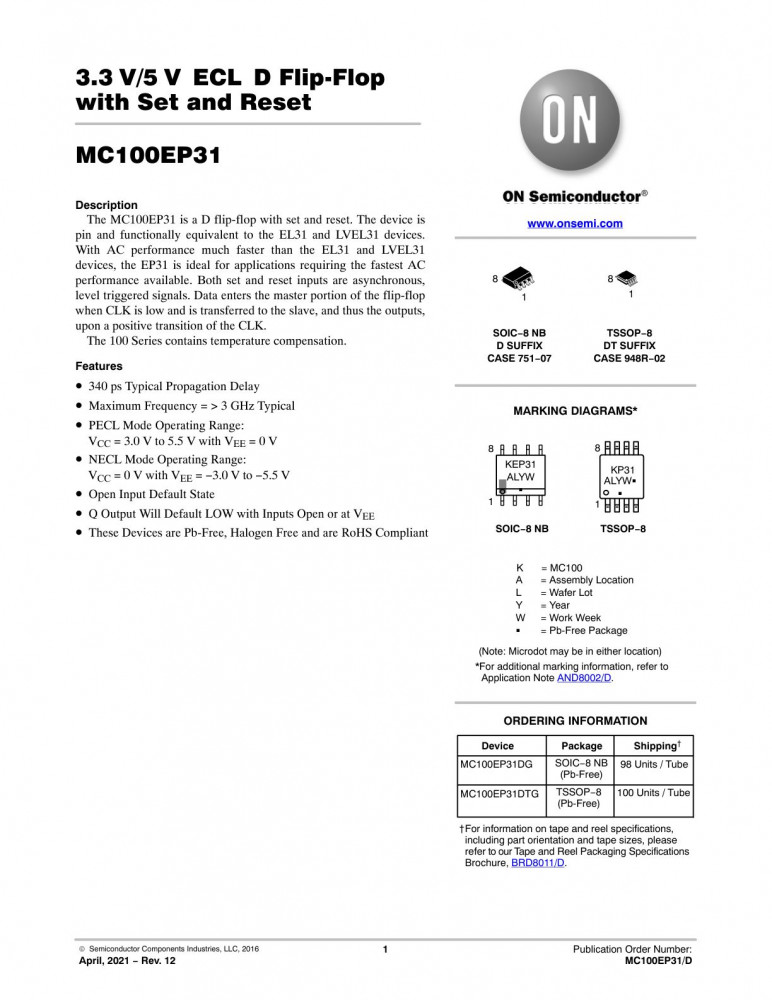 MC100EP31 datasheet page 1