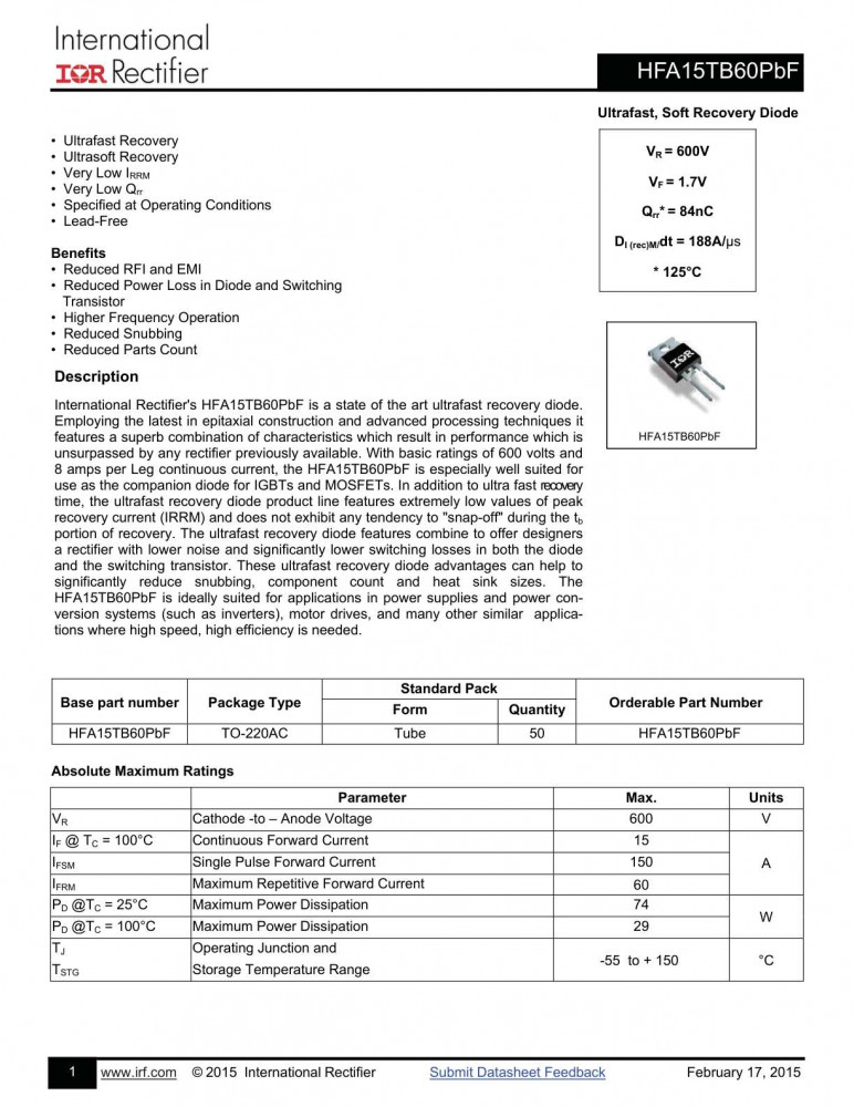 HFA15TB60PBF datasheet page 1