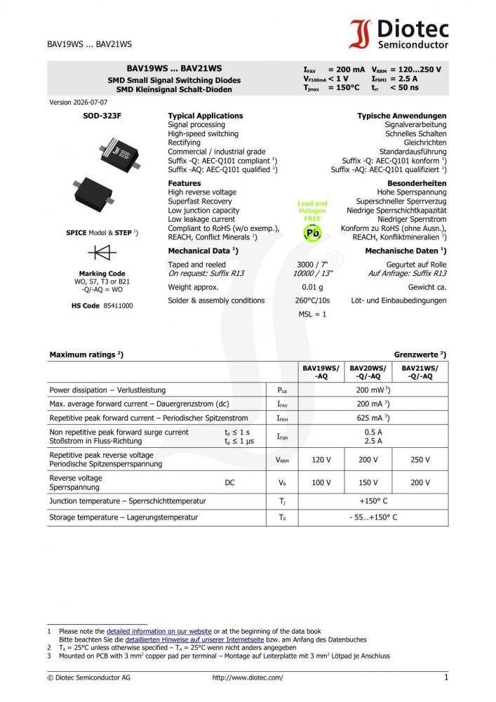 DIOTEC BAV19WS to BAV21WS datasheet page 1