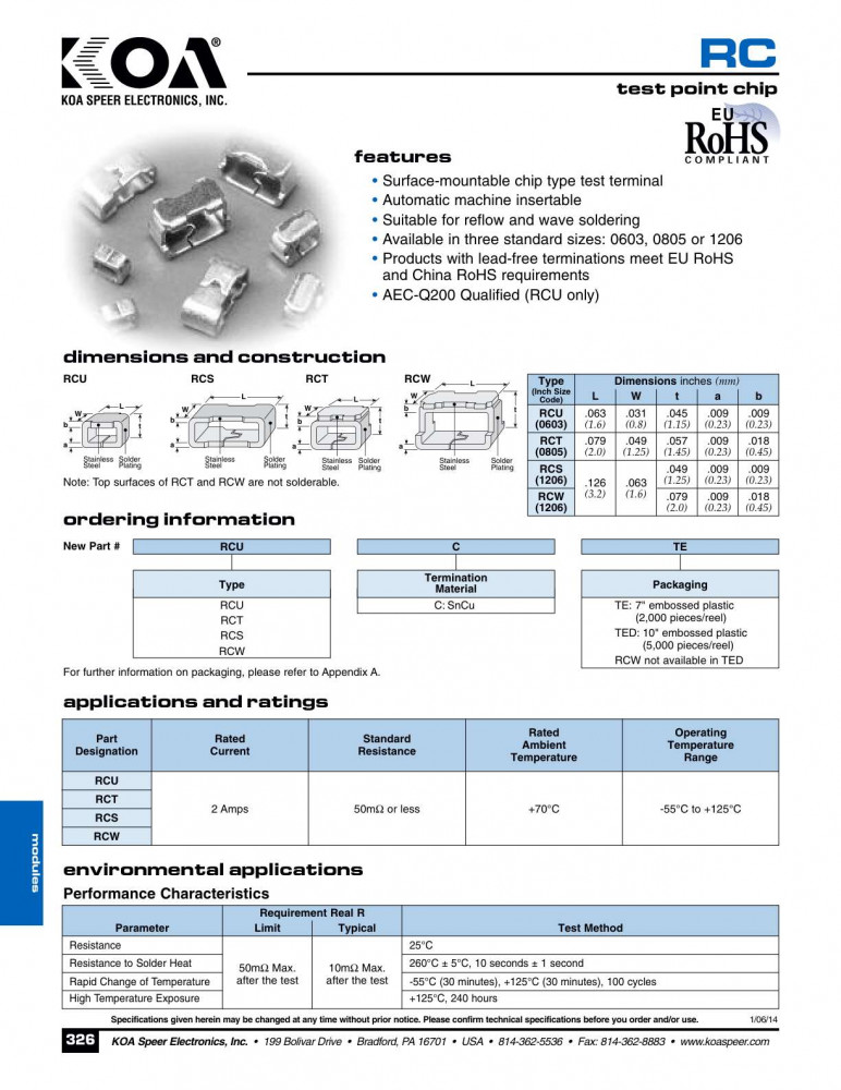 KOA RCU series technical document page