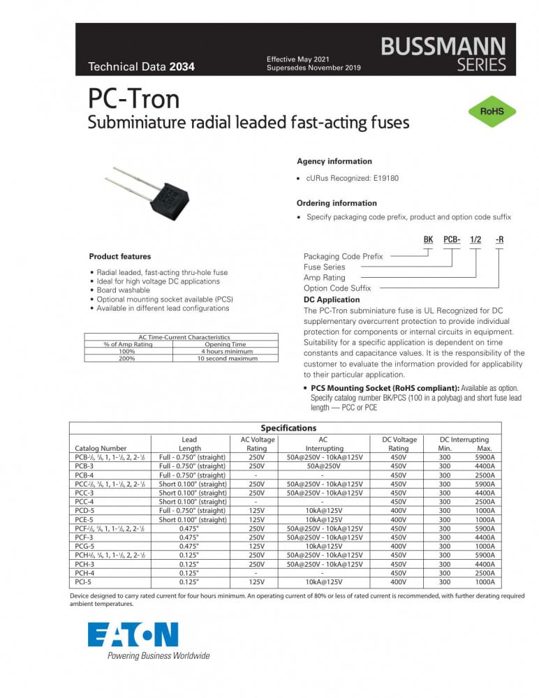 Eaton PC-Tron fuse datasheet page 1
