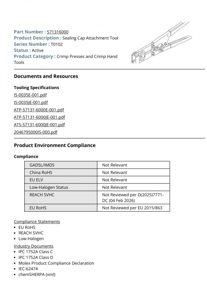 Technical document page 1 for Molex tool 571316000