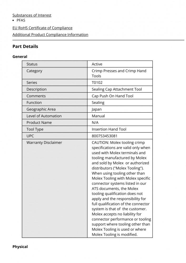 Technical document page 2 for Molex tool 571316000