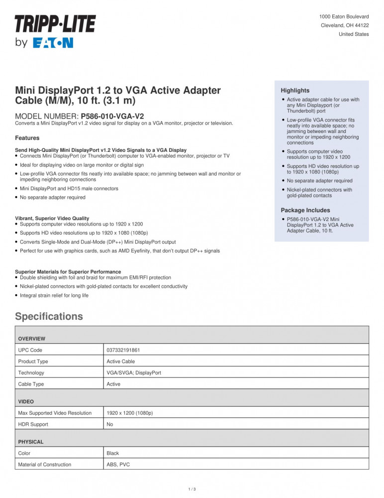 P586-010-VGA-V2 technical document page 1