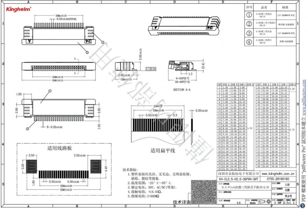 Kinghelm KH-CL0.5-H2.0-36PIN-SMT technical drawing