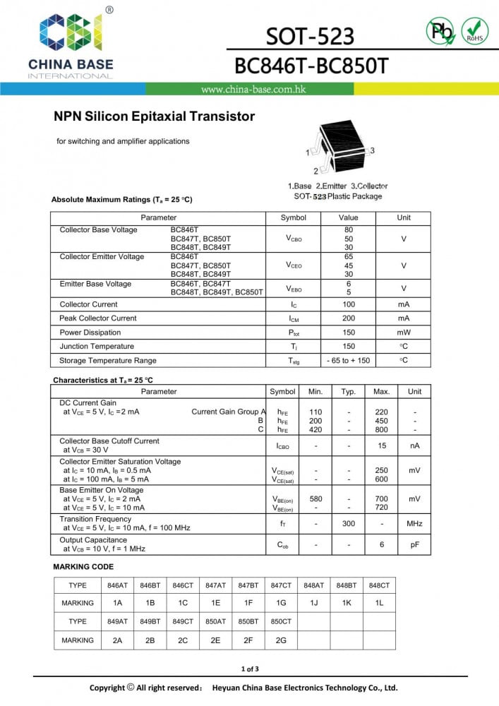 CBI BC847BT datasheet page 1