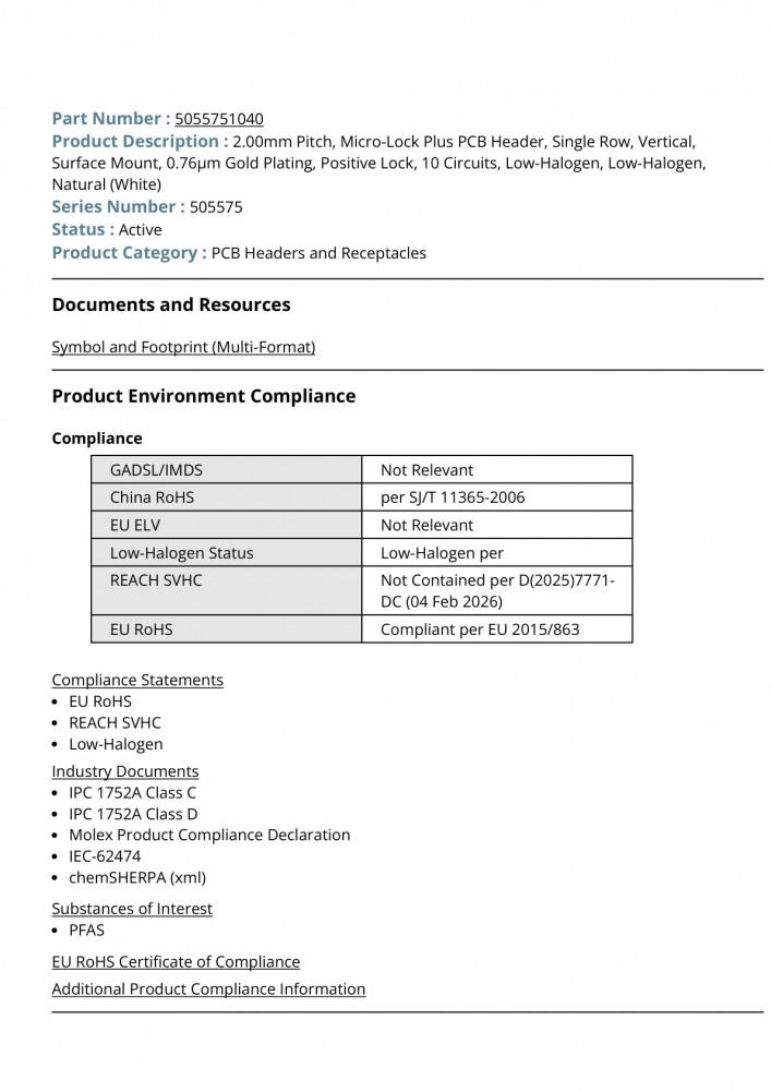 Technical document image 1 for MOLEX 5055751040