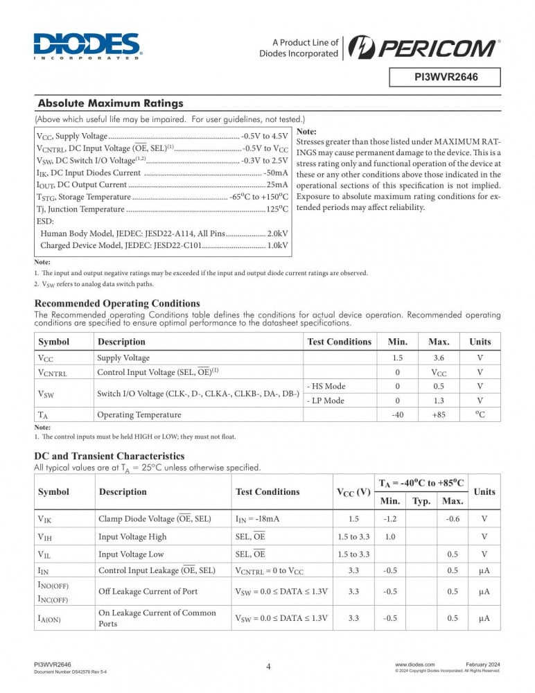 PI3WVR2646GHEX datasheet page 4