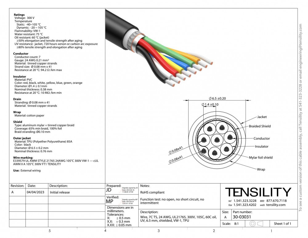 Tensility International 30-03031 cable specification drawing