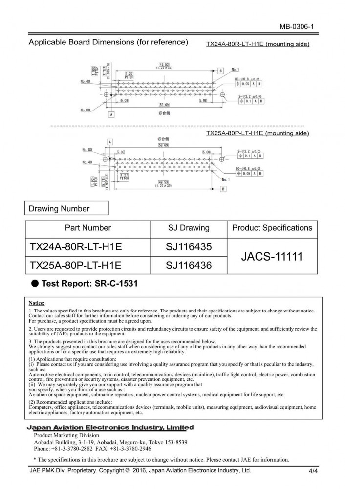 JAE TX24A-80R-LT-H1E board dimensions and notices