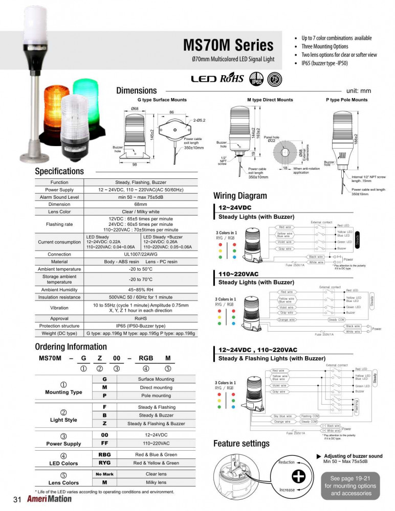 MS70M Series Ø70 mm multicolored LED signal light product documentation
