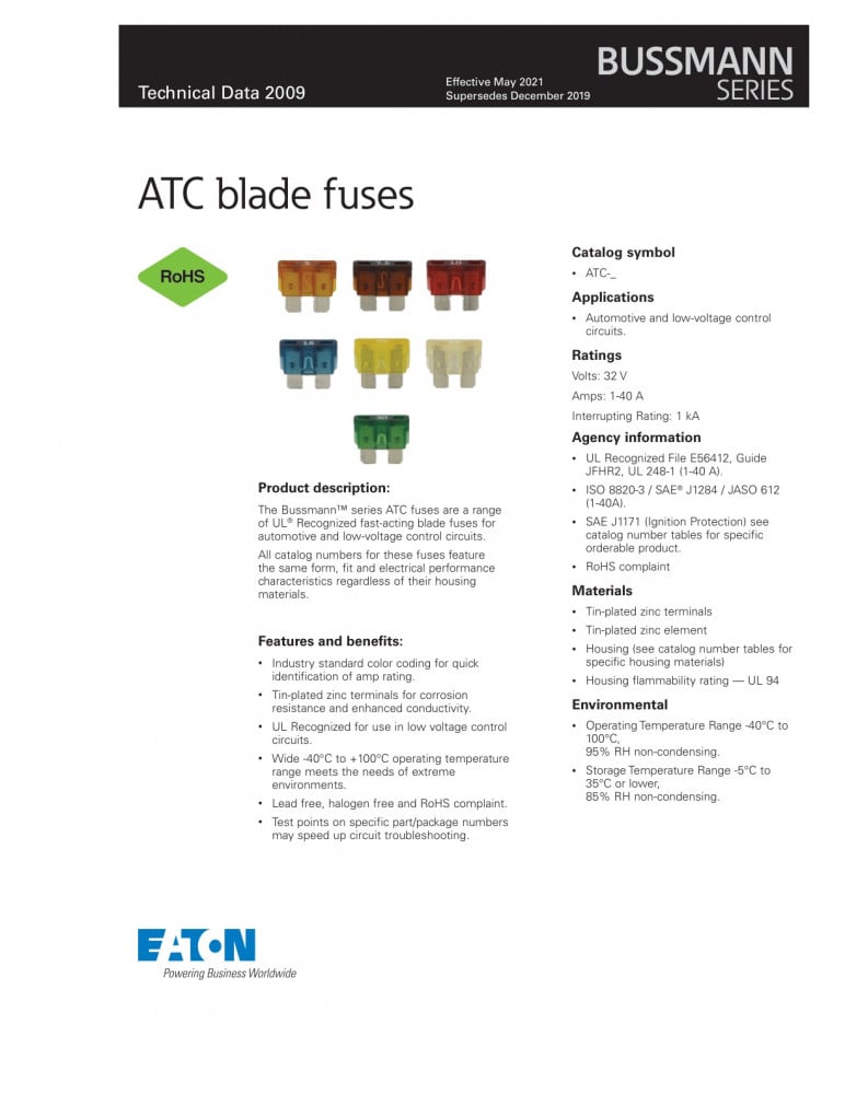 Eaton Bussmann ATC fuse datasheet page 1