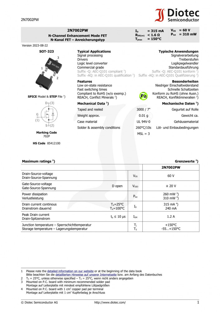 2N7002PW datasheet page 1