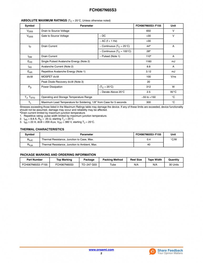 FCH067N65S3 datasheet preview, page 2