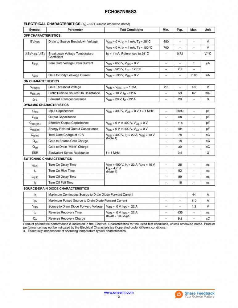 FCH067N65S3 datasheet preview, page 3