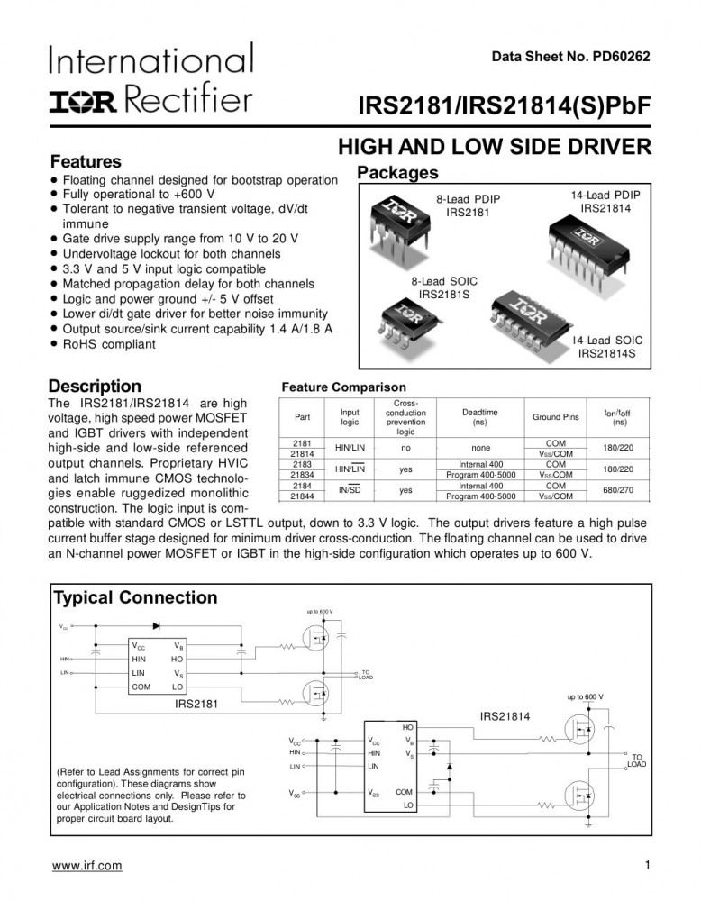 IRS2181STRPBF datasheet page 1