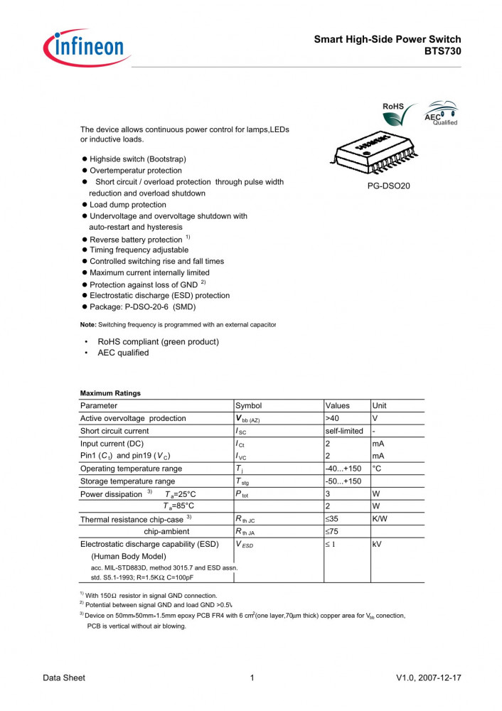 BTS730XUMA1 datasheet page 1
