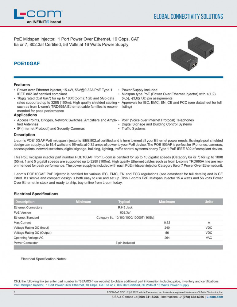 L-com POE10GAF technical document page 1