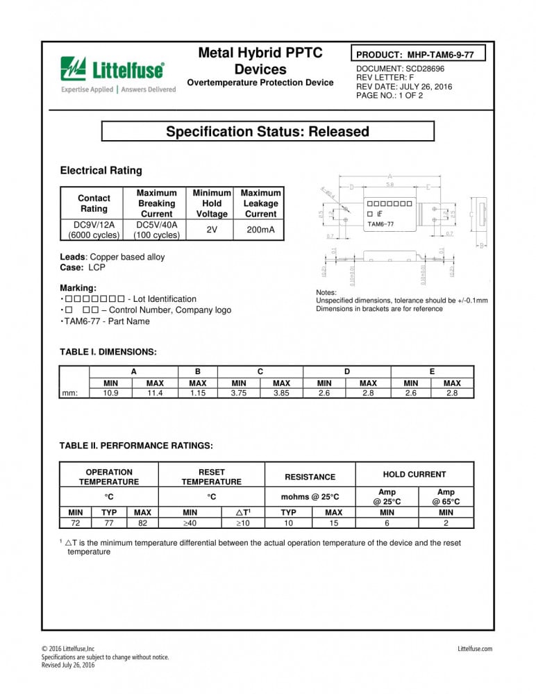 MHP-TAM6-9-77 specification drawing and marking