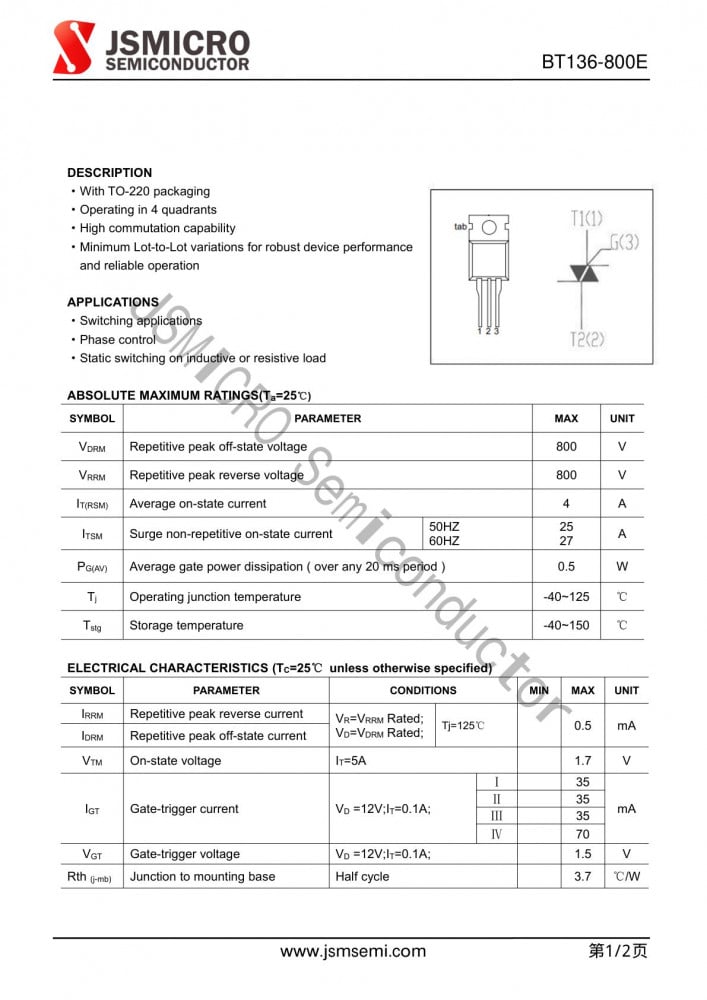 BT136-800E datasheet page 1