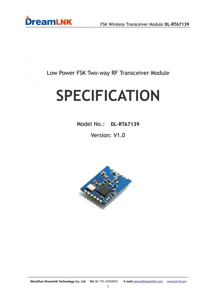 DL-RTA7139-433M datasheet page 1