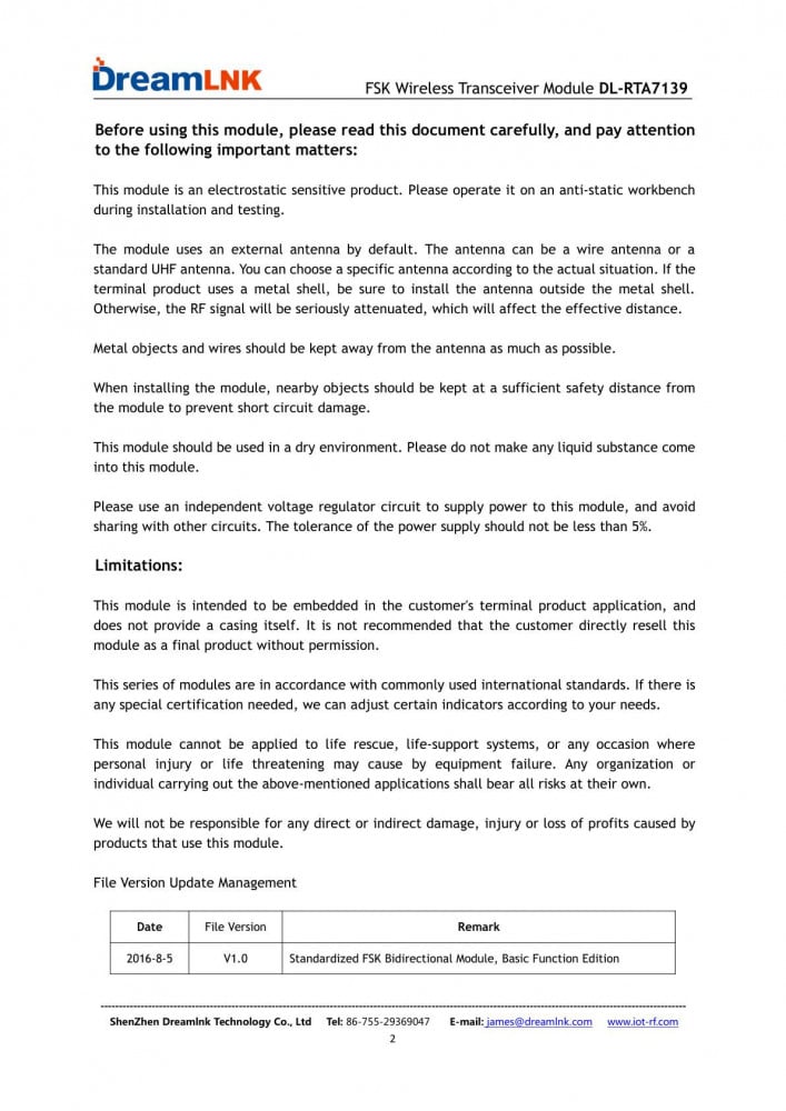 DL-RTA7139-433M datasheet page 2