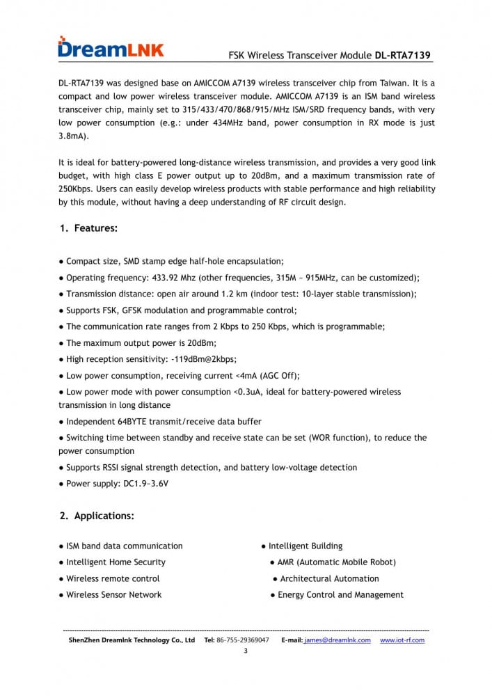 DL-RTA7139-433M datasheet page 3
