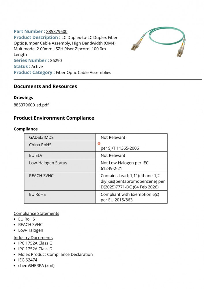 MOLEX 885379600 product drawing, page 1