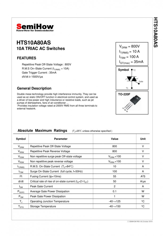 HTS10A80AS technical document page 1