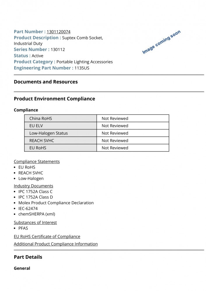 Product document image 1 for Molex 1301120074